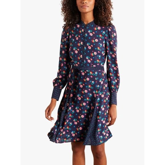 Boden | Dresses | Boden Size 4r Navy Blue Floral Christina Long Sleeve Flare Viscose Dress ...